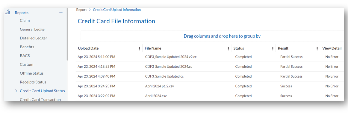 Generic credit card file upload statuses