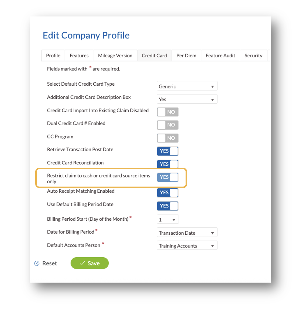 How to activate, ‘Restrict claim to cash or credit card source items only’