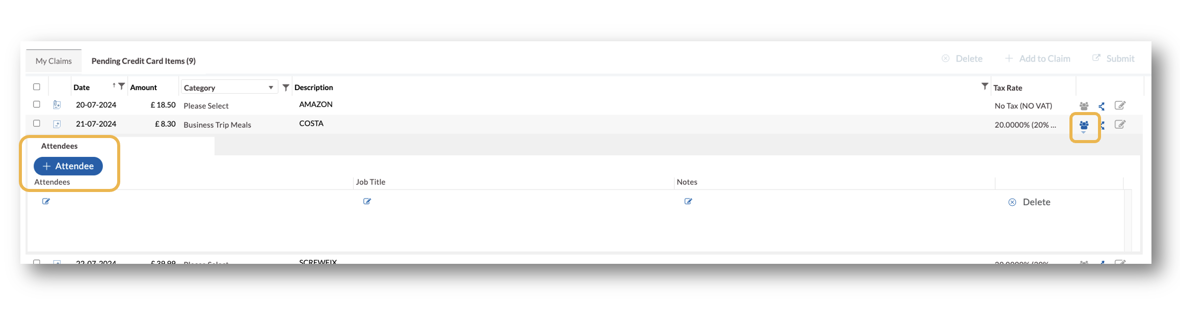 Pending credit card items tab - Adding attendees
