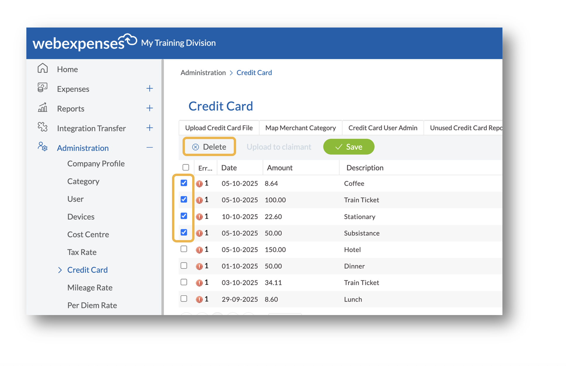 How to delete credit card transactions