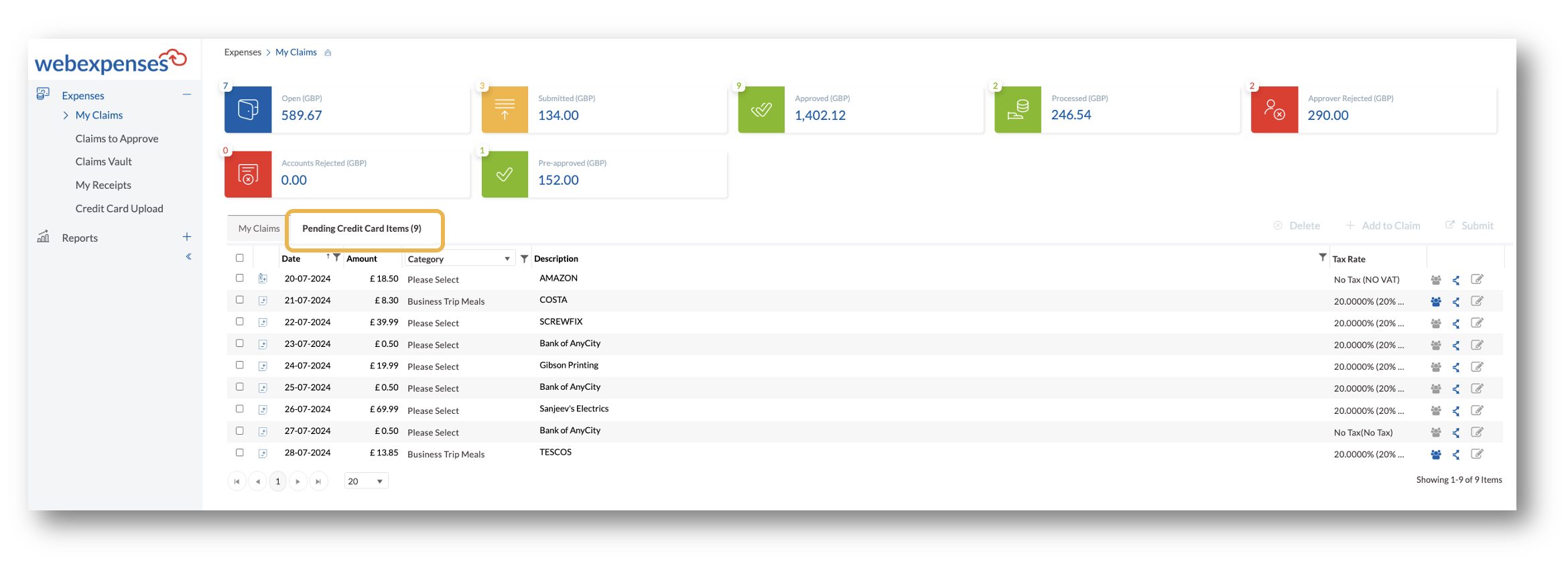 Pending credit card items tab