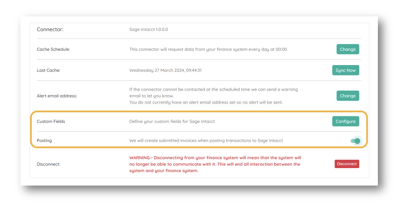 Invoice Processing - Connection status and settings