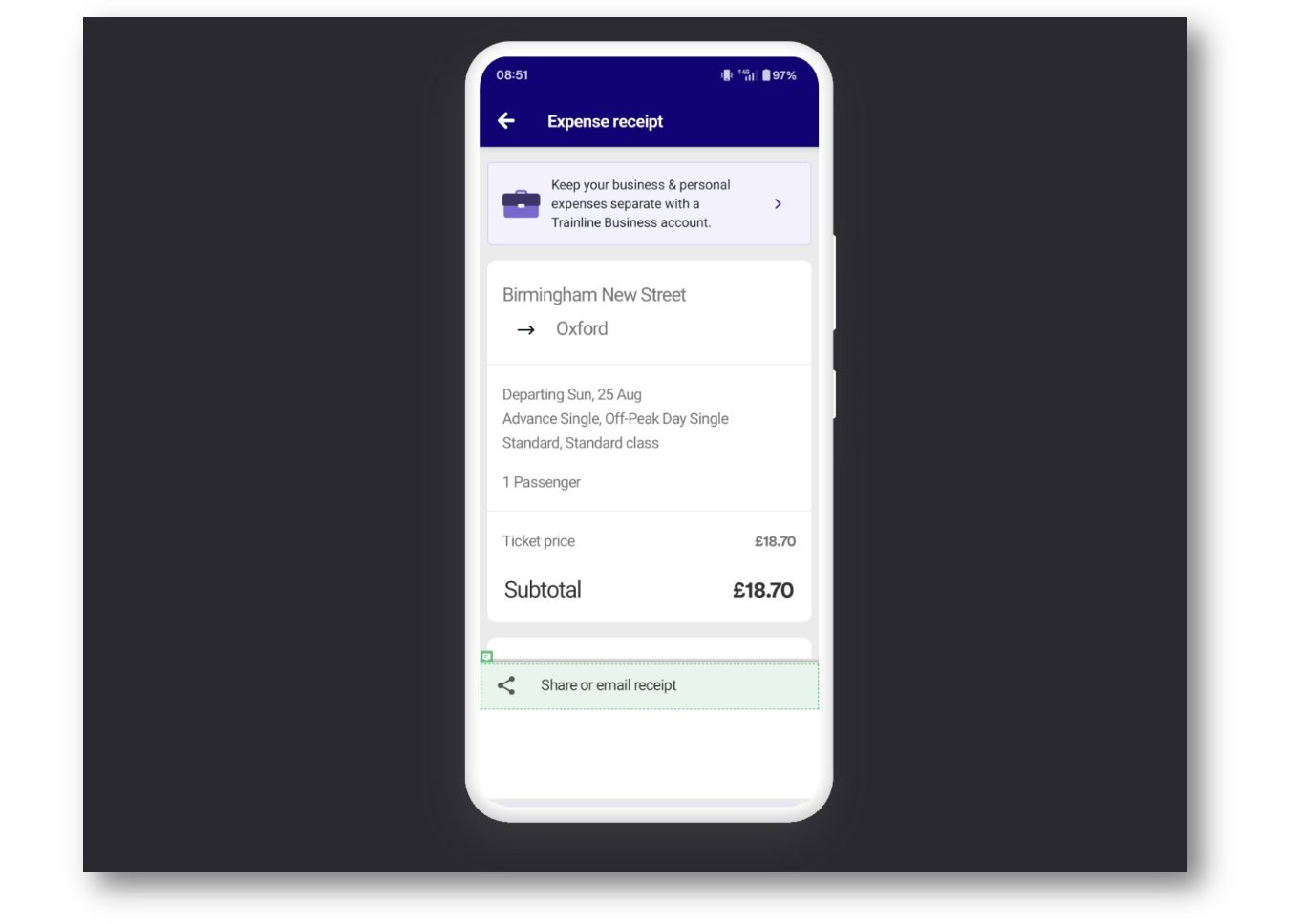 Sharing Receipts From the Trainline App